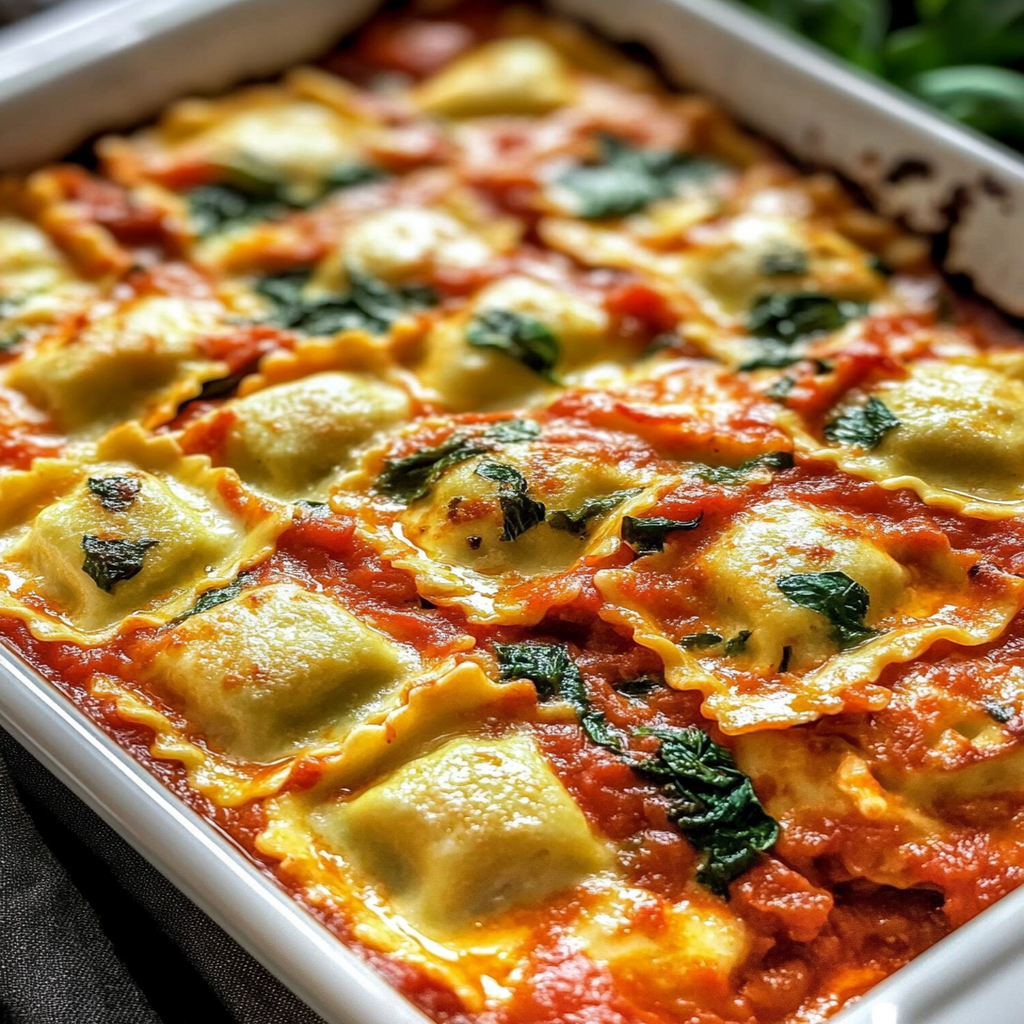 Easy Tomato Spinach Ravioli Bake